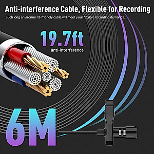 SYNCO Lav-S6M Lavalier Microphone, 3.5mm Audio-Monitor Port Clip-on Condenser Mic Support USB Charging, 6M/19.7 FT Cable Noise Reduction for YouTube, Interview, Conference, Live Broadcast