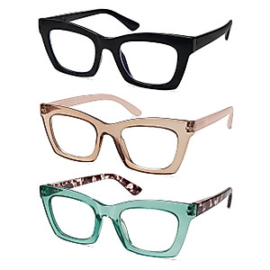 AMOMOMA 3 Pack Trendy Oversized Blue Light Stylish Readers for Women,Retro Square Cute Sturdy Computer Womens Reading Glasses AM6042 Black+Brown+Green 1.5