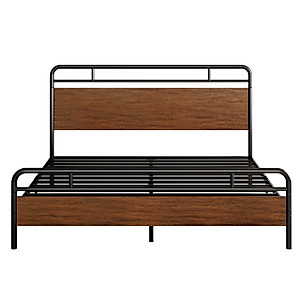 SHA CERLIN King Size Bed Frame with Wooden Headboard and Footboard, Rounded Corner Metal Frame, Heavy Duty Platform Bed with Under Bed Storage, No Box Spring Needed, Walnut