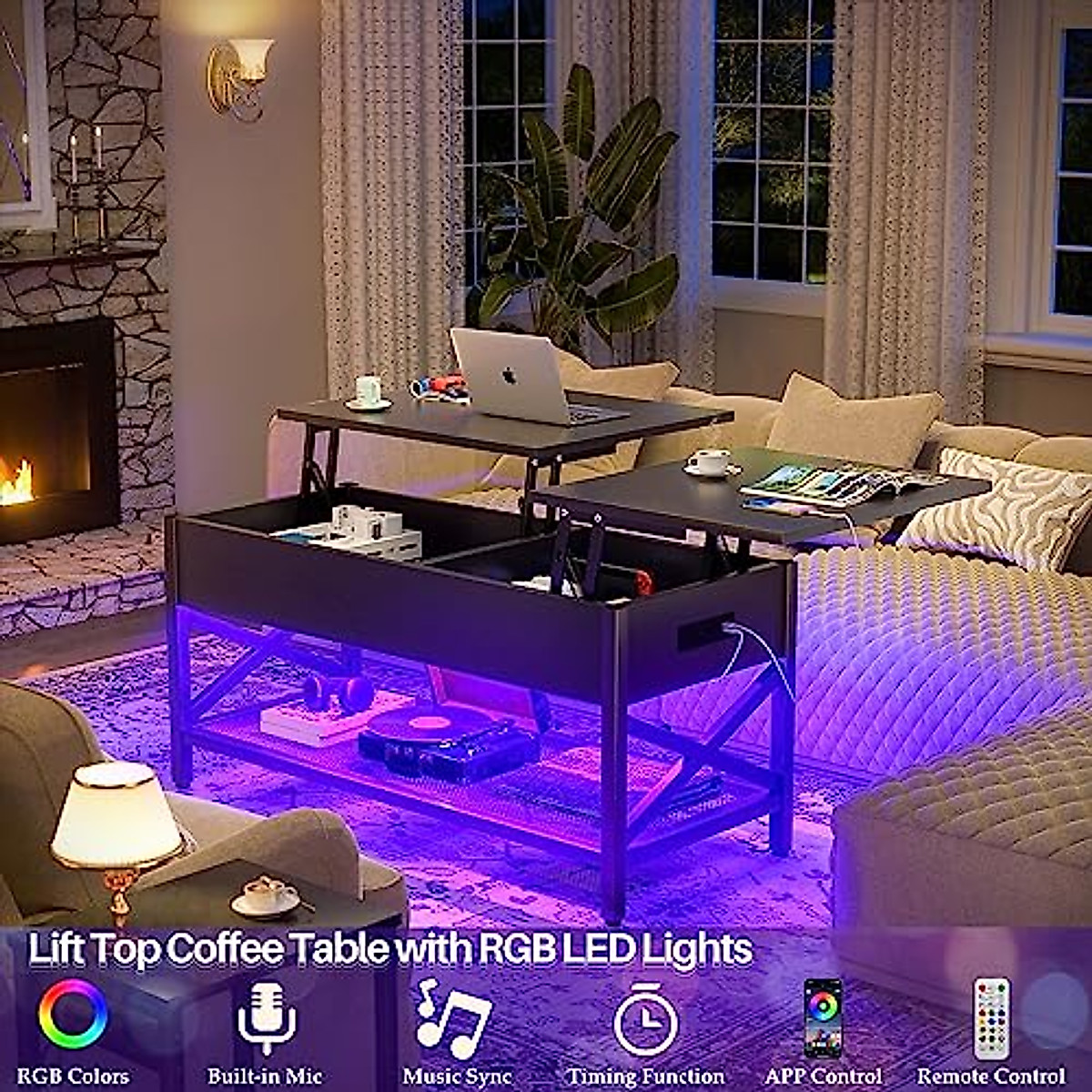 Aheaplus Coffee Table, Lift Top Coffee Table with LED Light and Power Outlet, Modern Lift-Top Table with Storage Shelf, Center Table for Living Room with Lift Tabletop, X Support, Metal Frame, Black