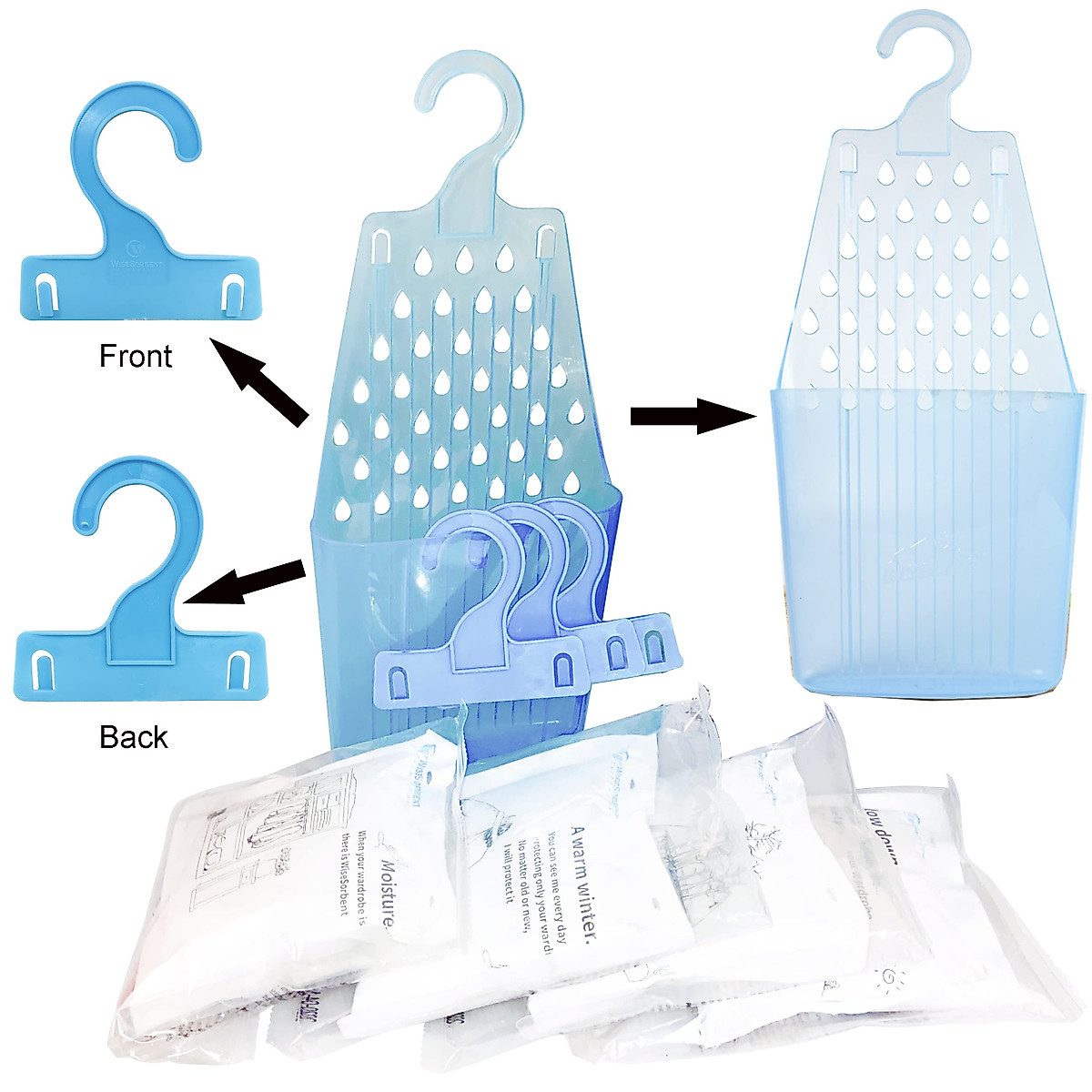 Wisesorb Moisture Absorber Packets with Plastic Case & Hook, Odor Eliminator, Leak Proof, Fragrance Free, Humidity Packs, Hanging Closet Dehumidifier Bags, Moisture Absorber (4 Packs)