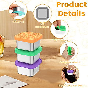 6 Pcs Stainless Steel Sauce Containers,2oz Metal Mini Snack Food Store Box Containers and Silicone Lids, Reusable Small Portable Boxes, Dishwasher Safe for Daycare School Office Travel, Leakproof