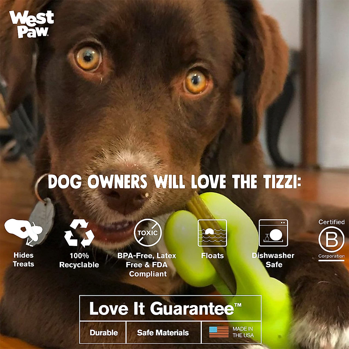 WEST PAW Zogoflex Tizzi Treat Dispensing Dog Toy – Interactive Play Toy for Dogs, Puppies – Floatable, High-Flying Toys for Fetch, Catch, Tug of War, Recyclable, Dishwasher Safe, Large, Granny Smith