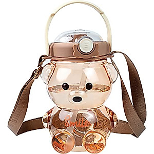 Kawaii Bear Straw Bottle,Portable Large Capacity Bear Water Bottle with Strap and Straw,Cute Bear Shaped Water Bottle Adjustable Removable Strap for Girls School Outdoor Travel (Brown-A)