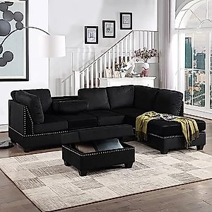 P PURLOVE Sectional Sofa with Reversible Chaise Lounge, Velvet L-Shaped Sofa with Storage Ottoman and Cup Holders, Nail Head Detail, Sectional Couches Living Room Furniture Sets (Black)