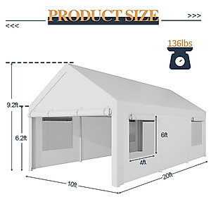 Shintenchi 10x20ft Heavy Duty Carport, Portable Garage with Removable Sidewalls, Door and Ventilated Windows, UV Resistant Waterproof Carport Canopy for Outdoor, All-Season Tarp for Car (White)