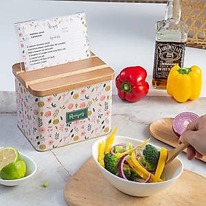 Cabbrix Recipe Box with Cards and Dividers, recipe cards and box set, Wooden Lid with Phone Holder and Card Holder, Decorative Recipe Tin with Gift Box (Pink)
