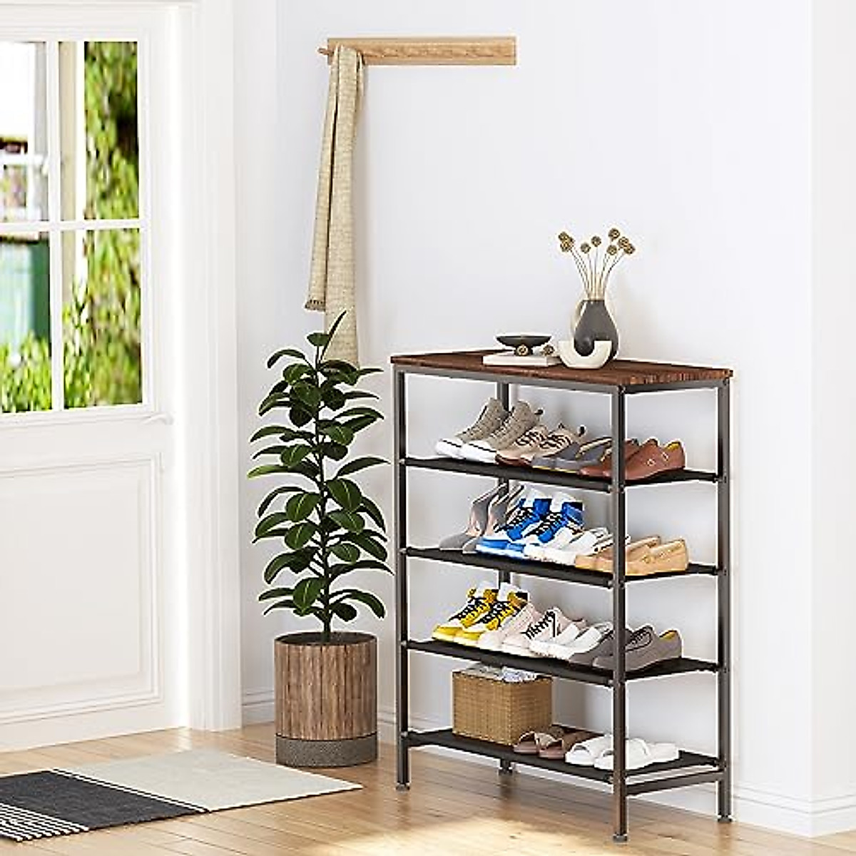 Z&L HOUSE 5 Tier Shoe Rack Organizer for Entryway, Sturdy Black Metal Framed Free Standing Shoe Shelf, Uniquely Versatile and Spacious Wood Top Storage, Shoe Stand for Garage Closet Hallway