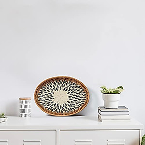 GaiaMade Large Rattan Mother of Pearl Inlay Serving Tray with 5 Coasters (1 Large, 4 Small), Coffee Serving Tray Set, Wicker Serving Tray for Coffee Table, Breakfast and Decoration, Oval Dark Blue