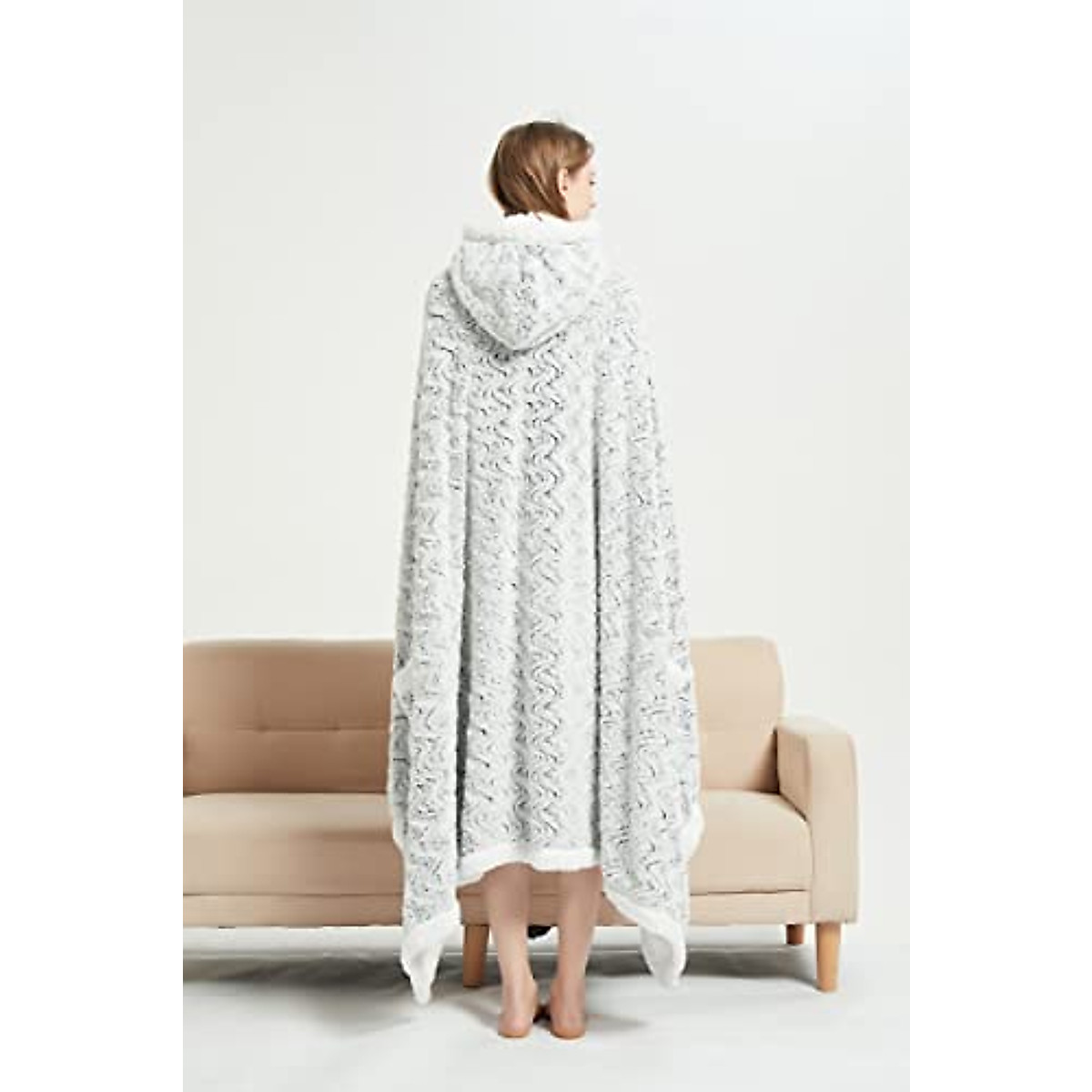 Chic Home Auburn Snuggle Hoodie Wavy Animal Pattern Robe Cozy Super Soft Ultra Plush Coral Fleece Sherpa Lined Wearable Blanket with 2 Pockets Hood Drawstring Button Closure, Silver-White, 51” x 71”