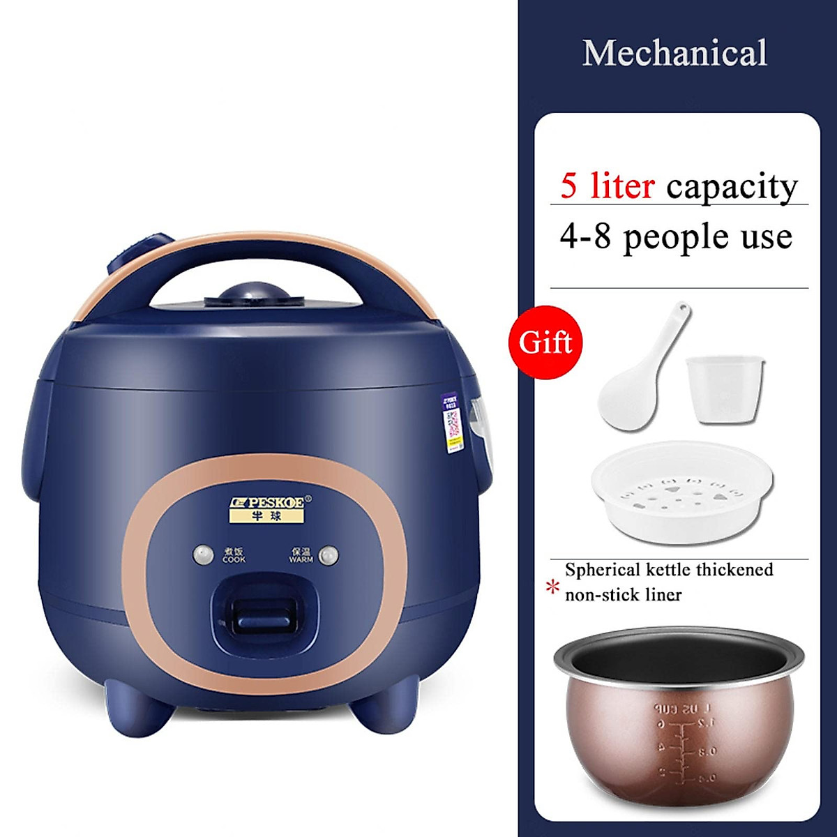 Rice Cooker with Steamer Insert, Blue, Slow Cooker with Keep Warm Function, Steamer, Rice Cooker,Blue-5L