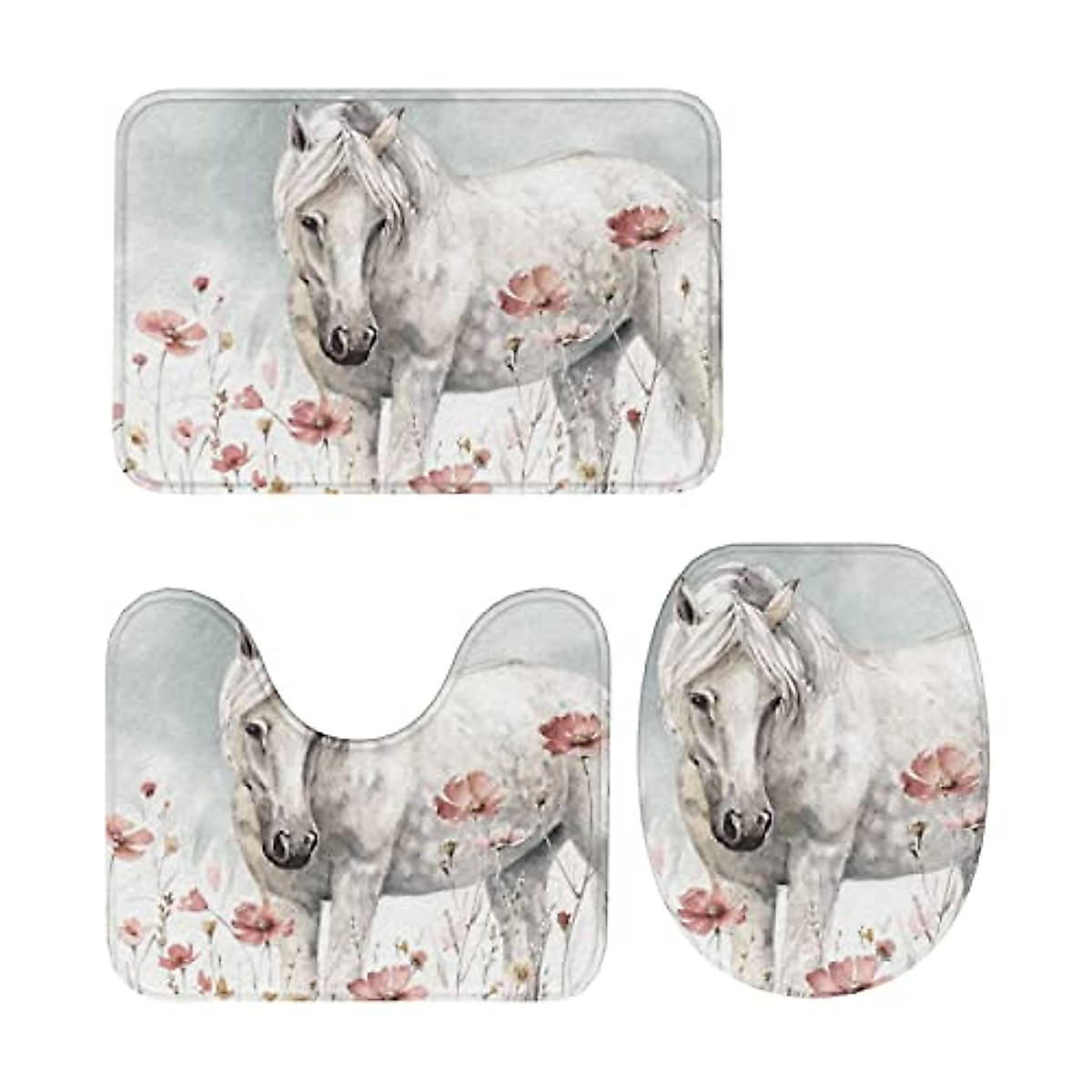 ELBULL Horse Surrounded by Flowers Print Flannel Anti Slip Mat 3 Pieces/Set Super Soft Non Slip Rugs Super Absorbent Bathroom