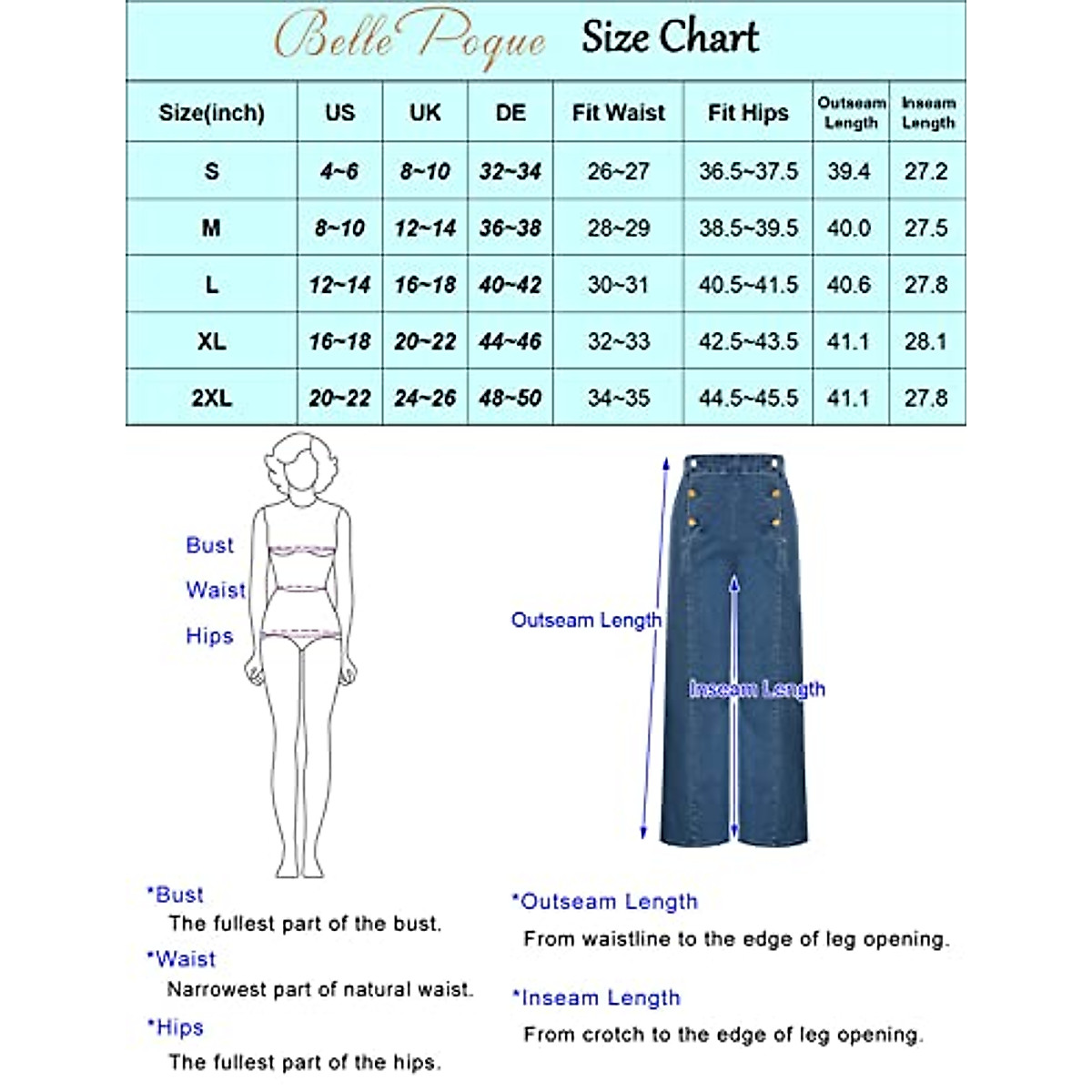 Belle Poque Women Denim Pants White Wide Leg Stretch High Waisted Dressy Pants Trousers with Pockets White Size 12 Size 14