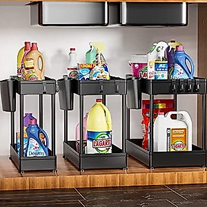 CuivnKak Under Sink Organizer, 2 Tier Under the Sink Organizer, Under Cabinet Organizer, Kitchen Sink Organizer, Bathroom Organizer Under Sink with 3 Hanging Cups and 12 Hooks, 3 Pack Black