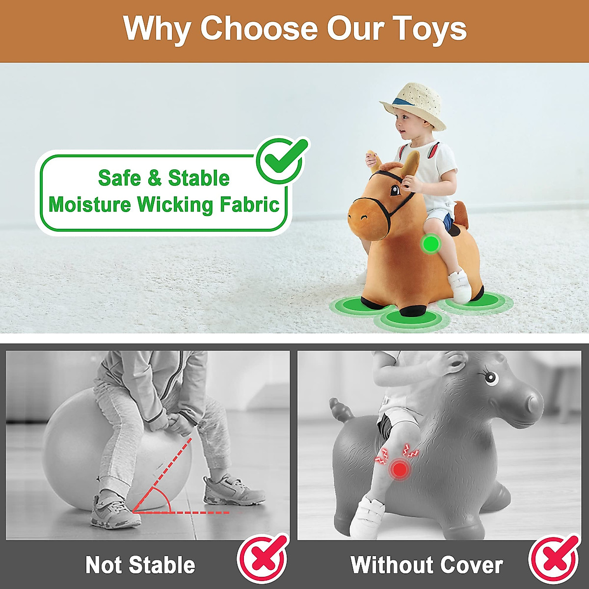 iPlay, iLearn Bouncy Pals Brown Hopping Horse, Toddler Plush Animal Hopper Toy, Kids Inflatable Ride on Bouncer W/Pump, Indoor Outdoor Jumper, Birthday Stocking Gift 18 24 Months 2 3 Year Old Boy Girl