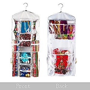 Wrapping Paper Storage Organizer- Dual Sided Hanging Gift Wrap Station- Clear Compartments for 30” Rolls, Ribbon, Bows, Gift Bags & More by Elf Stor