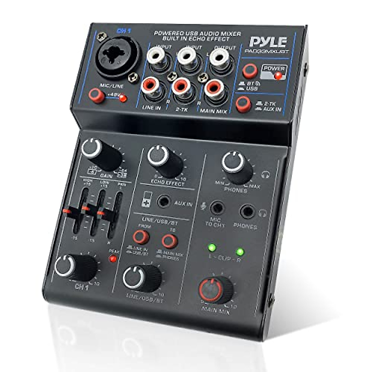 Pyle Professional Wireless DJ Audio Mixer - 3-Channel Bluetooth DJ Controller Sound Mixer w/USB Audio Interface, Combo Jack XLR+6.35mm Mic/Line/Guitar In, 3.5mm, RCA, AUX, Headphone Jack PAD33MXUBT