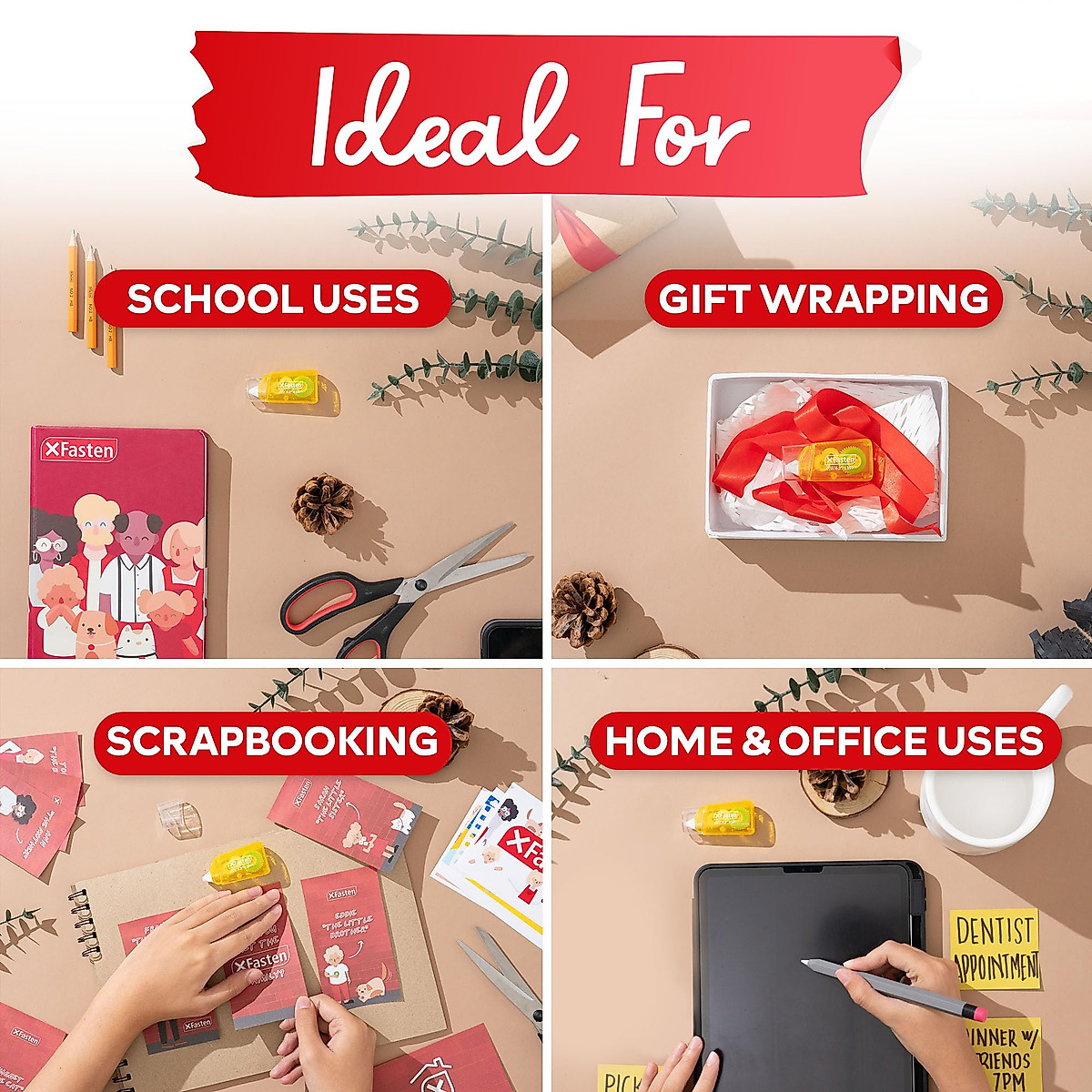 Mini Japan Dots Adhesive Roller .20-Inx197-In (985” Total) 8-Pack, Yellow Scrapbook Adhesive Tape Glue Roller Runner, Photo Tape- Scrapbooking-XFasten