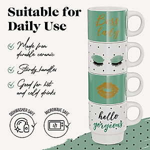 American Atelier Ceramic Green Multi-color Mug & Rack Set – 4 Cups & Standing Metal Rack for Kitchen Countertop, Tabletop, Island, or Café Display – Gift for Tea & Coffee Lovers, 14 oz, Boss Lady