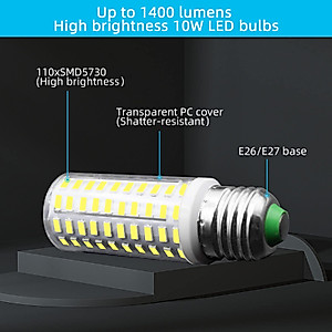 E26 10W LED Light Bulbs Super Bright, Equivalent 120W Chandelier Bulbs, Daylight White 6500K 1400LM Non-Dimmable Compact 100-265V E26 Medium Screw Base Bulbs Ceiling Fan Light Bulbs, Pack of 2