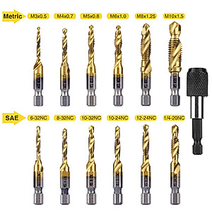 Drill Tap Bit Set, 3 in 1 Thread Tapping Drill Bit with Box, Hex Shank High Speed Steel Twist Drill Tapping Tool with Quick Change Adaptor, 13pcs