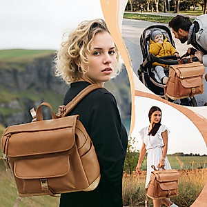 MOMINSIDE Diaper Bag Backpack, 12 Pockets Leather Mini Diaper Bag, Baby Bag Backpack, Baby Registry Search, 4 Insulated Pockets, Changing Pad, Stroller Straps(Brown)