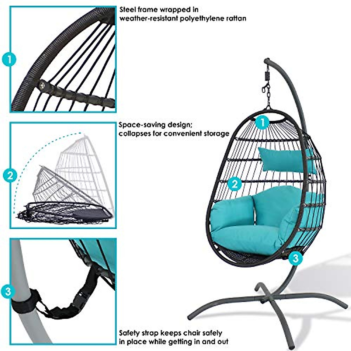 Sunnydaze Penelope Hanging Egg Chair with Seat Cushions and Stand - Black Hanging Wicker Chair with Turquoise Polyester Cushions and Powder-Coated Steel Stand - Collapsible Nylon Back Design - 78-Inch