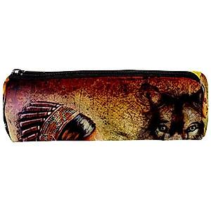 Indian Woman with Wolf Pencil Bag Pen Case Stationary Case Pencil Pouch Desk Organizer Makeup Cosmetic Bag for School Office