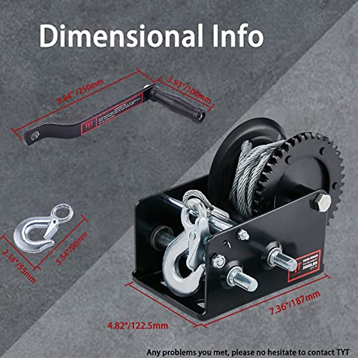 TYT 2000LB Boat Trailer Cable Winch with Heavy Duty Hook, 26ft Steel Cable Hand Crank Winch, Two Way Ratchet Ratio 4:1/8:1 Manual Gear Winch for Towing Lifting Boat Trailer Truck RV ATV Jet Ski Winch