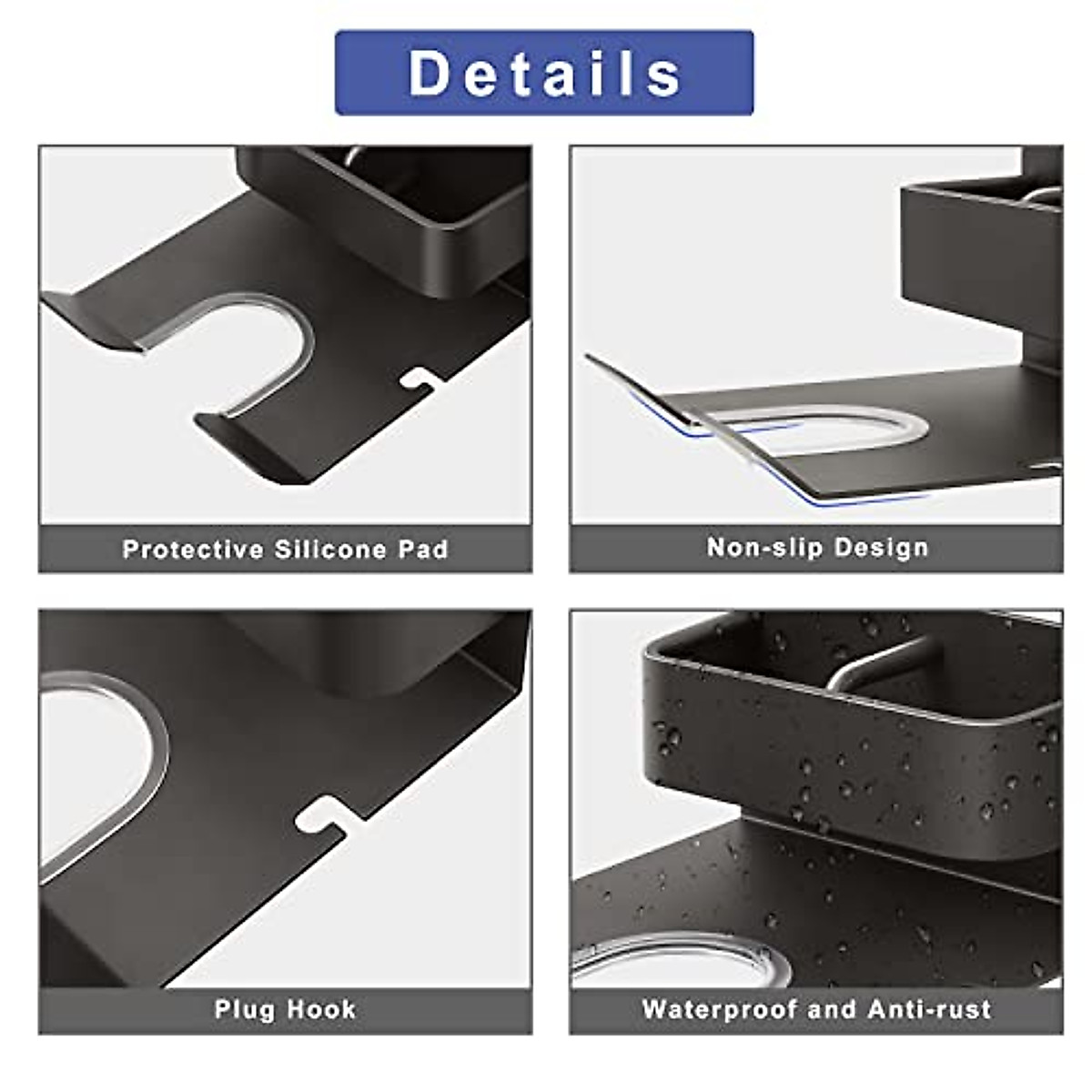 DAZUINIAO Hair Dryer Holder Wall Mounted Self Adhesive Blow Dryer Holder Rack with Plug Hook Aluminum Alloy Bathroom Hair Tool Organizer Compatible with Most Hair Dryers Gray