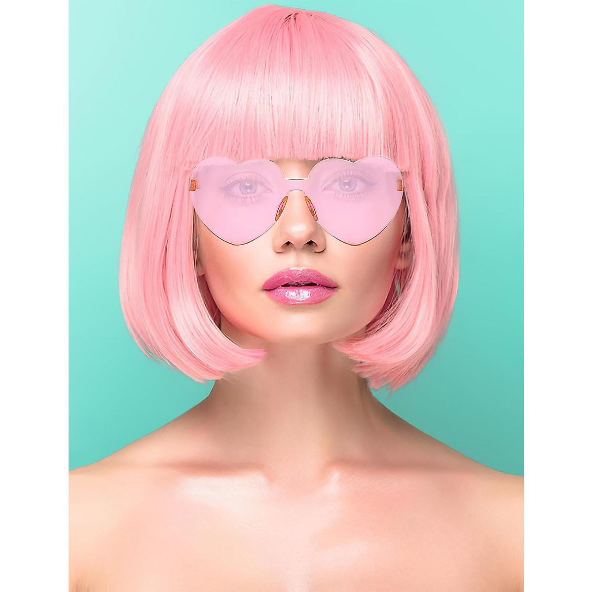 PLANTURECO Pink Wig and Party Sunglasses, Pink Wigs for Women, Pink Wig with Bangs, Light Pink Wig, Pink Bob Wig, Pink Cosplay Wigs and Party Wigs - Bachelorette Party Wigs Decorations Favors