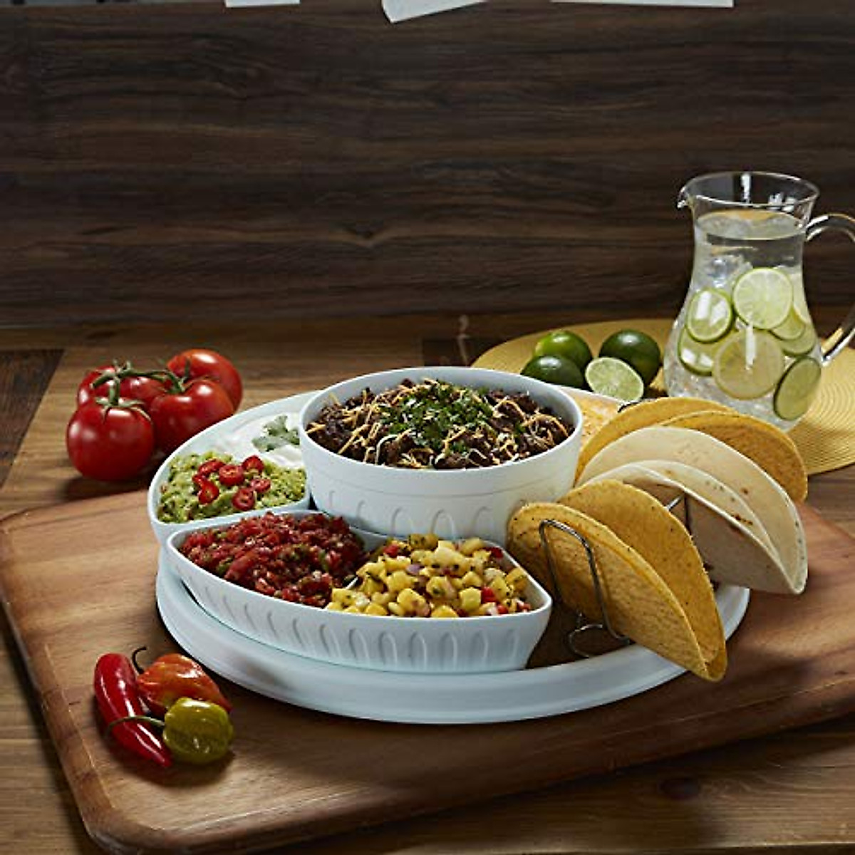 Chicago Metallic Taco Party Multi-Use Rotating Entertaining Set, 6-Piece, White