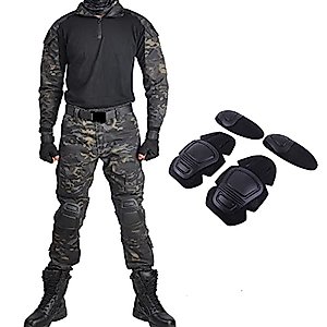 HAN·WILD Men's Military Uniform Tactical Suit Combat Shirts and Pants Airsoft Paintball Clothing with Knee Pads