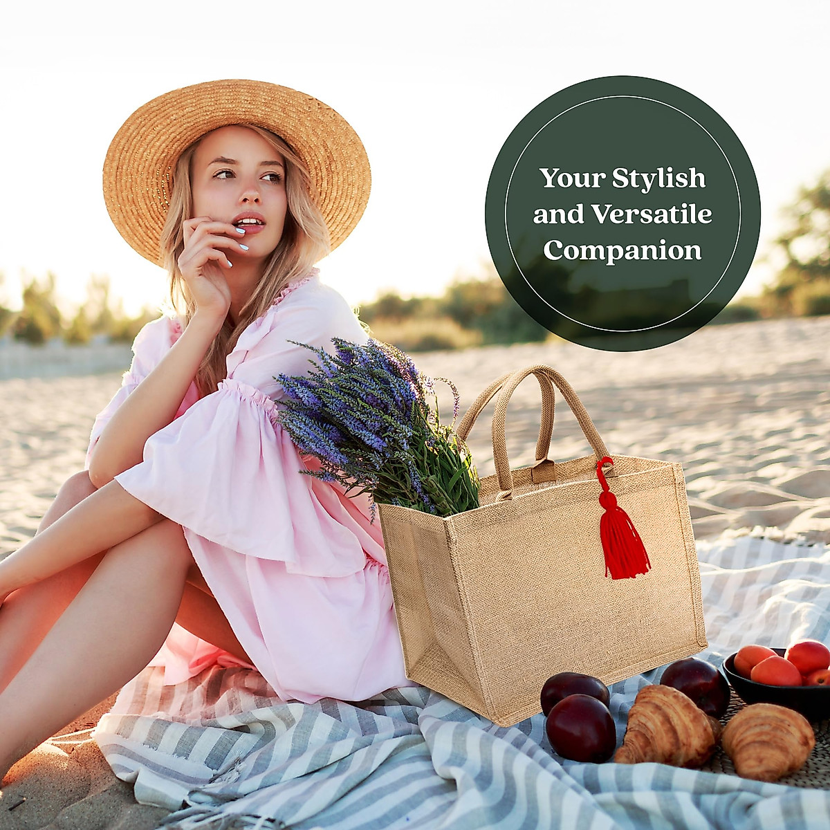 Jute Tote - 17" x 13" x 7" Multipurpose Lined Burlap Bag - Beautiful Design & Color - Lunch, Beach, Market, Bridesmaid, Gift, Mama Tote