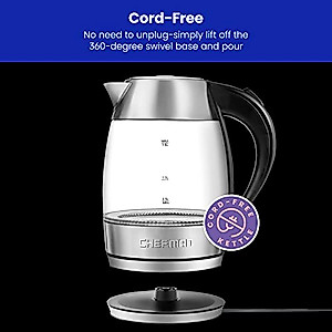 Chefman Electric Glass Kettle, Fast Boiling W/ LED Lights, Auto Shutoff & Boil Dry Protection, Cordless Pouring, BPA Free, Removable Tea Infuser, 1.8 Liters