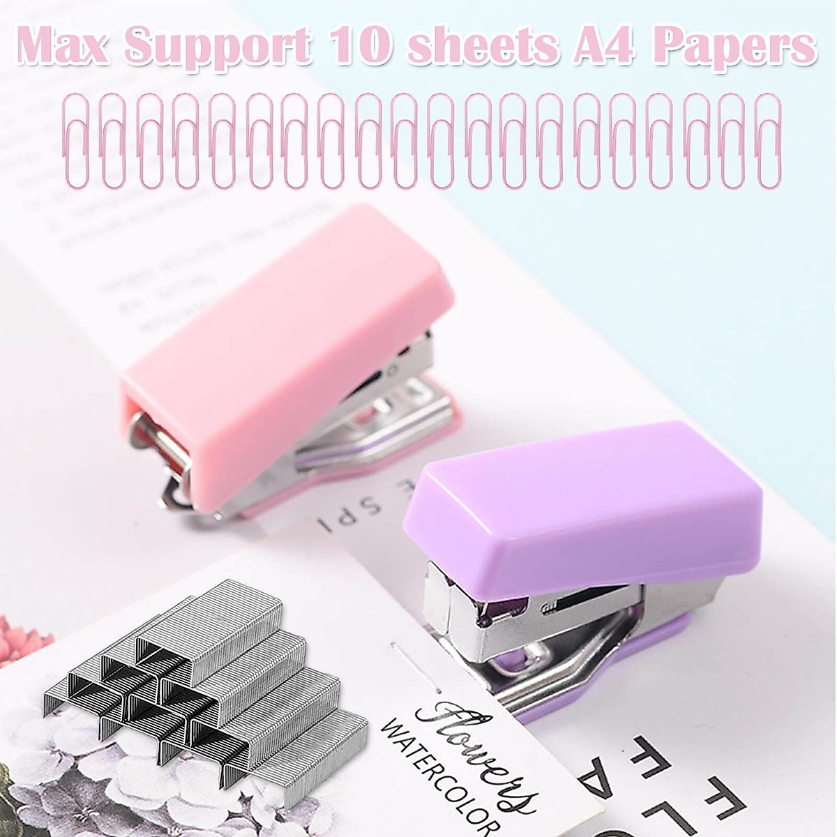 Simonhomes Mini Stapler, small stapler with 100 PCS Staples, Purple Stapler Stationery Set with 20 PCS Clips for Office School Home, 10 Sheets Capacity