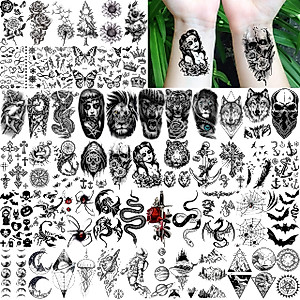 COKTAK 68 Sheets Large Half Arm Sleeve Temporary Tattoos For Men Women Forearm, Tribal Wolf Tiger Lion Owl Skull Temp Halloween Fake Tattoo Stickers Adults, Black Realistic Tattoo Flower Rose Animals
