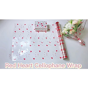 Wider Cellophane Wrap Roll Red Hearts Design(100 feet x 17.5 in) 2.3 Mil Thick Crystal Clear with Special Red Hearts Cellophane Bags large For Flower Wrapping, Gift Basket Wrap Hearts Design Cellophane for Mother’s Day Gift Wrapping
