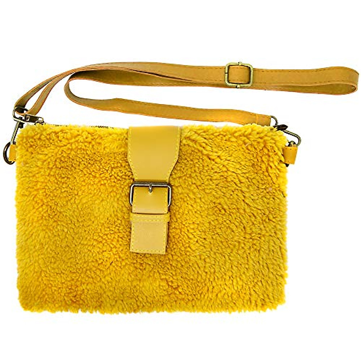 Me Plus Women Fashion Soft Sherpa Fleece Faux Leather Handbag Purse Shoulder Bag Adjustable Strap (Sherpa Fleece - Mustard)