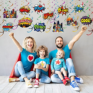 54 Pieces Hero Themed Party Decorations, Fun Hero Theme Party Sign Cutouts cirty theme Ceiling Hanging Swirls Streamers for Kids Adults Hero Birthday Celebrating Party Baby Shower Supplies