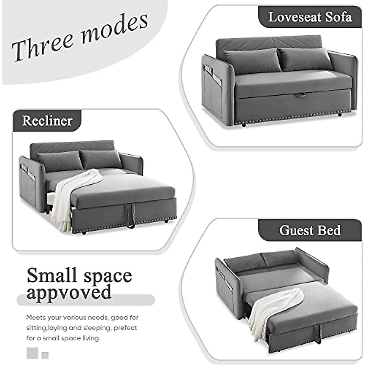 ERYE 3-in-1 Loveseat Futon Sofa Convertible Queen Size Pull Out Sleeper Couch Bed & Reclining Backrest for Living Room Furniture Sets Sofabed, Gray Twin Velvet 2 Pillows Side Pockets USB Port