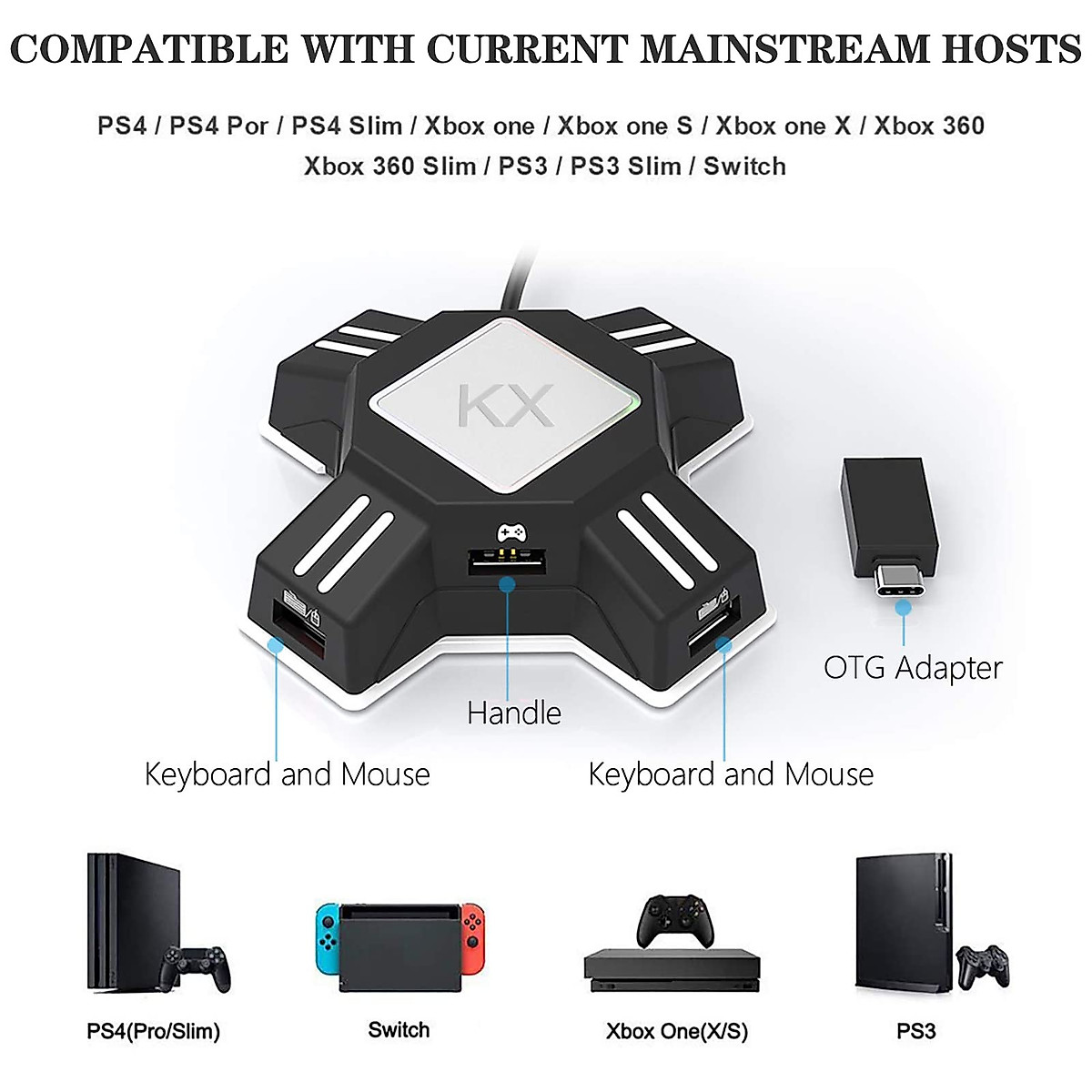 Gamepad Converter, Game Console Mouse and Keyboard Converter for PS4/PS4 Pro/PS4 Slim/XBOXOne/XBOXOne S/XBOXOne X/PS3/PS3 Slim/Switch