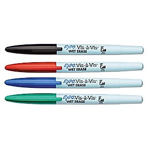 Expo Vis-A-Vis Wet-Erase Marker, Fine Point, 4-Color Set (San16074)