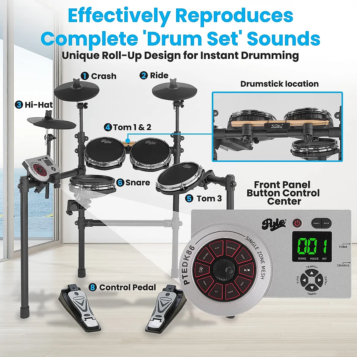Pyle Electric Drum Set-Portable Quiet Electronic Kit with Mesh, Touch Sensitive Pads for Beginner, Supports MIDI (Mac & PC), Easy to Setup, Sticks Included for Home＆Outdoor-PTEDK86 Black