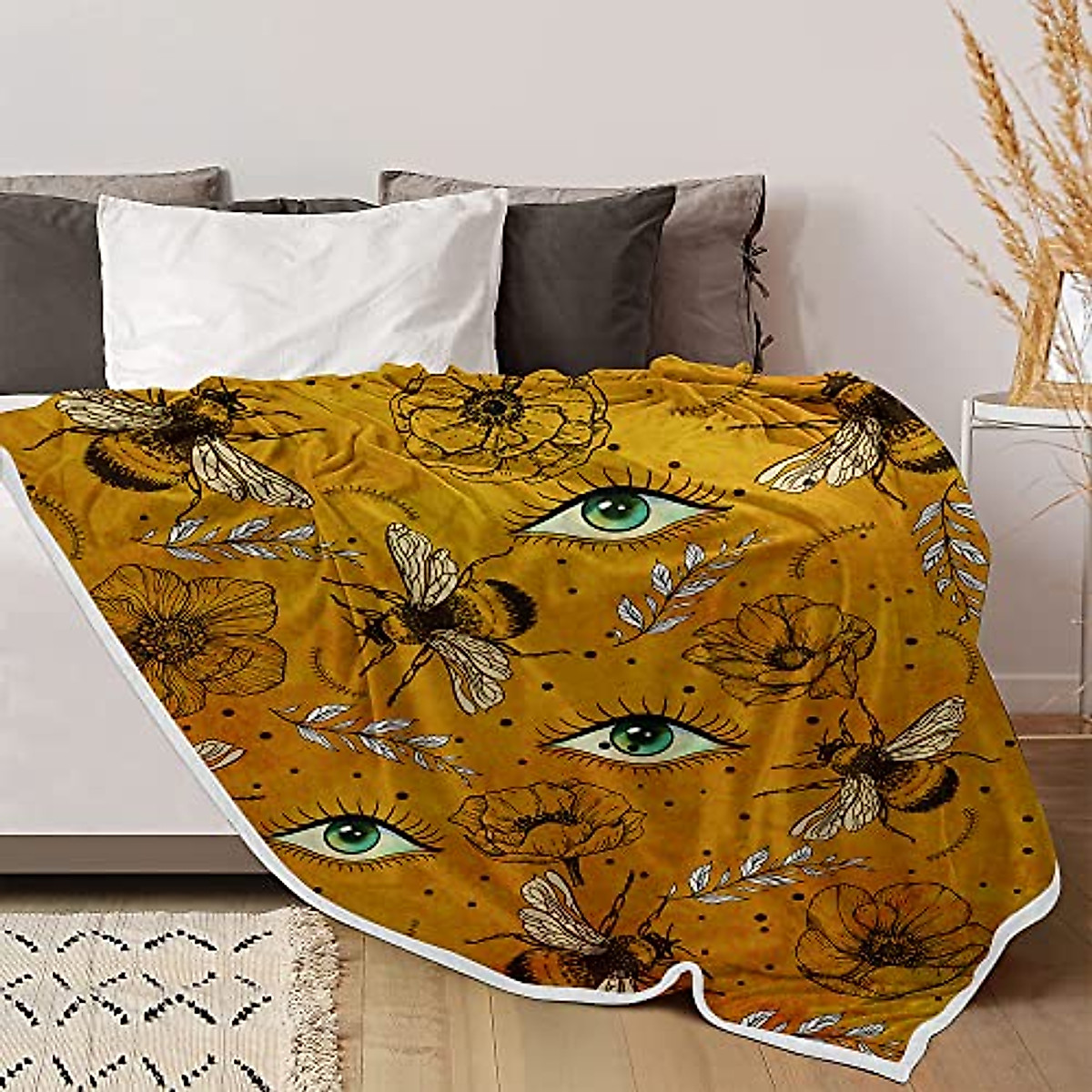ETSKOM Bee Blanket Super Soft Yellow Evil Eye Fleece Throw Blanket for Adults Kids, Warm Throw and Blanket for Sofa Couch Bed Cars 59 * 39in