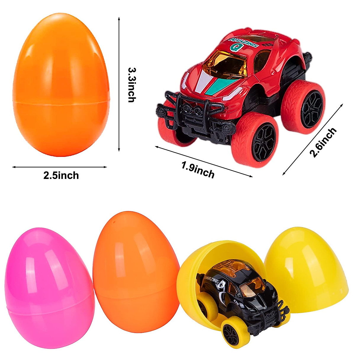 Lumiparty 12PACK Easter Eggs Prefilled with Alloy Pull Back Cars , Pullback Monster Vehicles Toys for Easter Party Favors, Easter Basket Stuffers, Easter Egg Fillers, Easter Eggs Hunt.