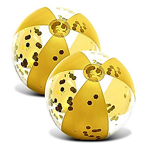 POZA Inflatable Large Beach Ball – Pool Accessory Glitter Confetti 16 Inch Premium Beach Theme Water Sand Toy Favors for Beach Party Decorations Pool Party Supplies Beach Balls – Set of 2 (Gold)