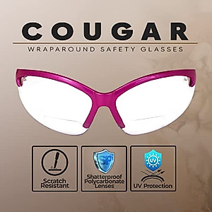 Global Vision Eyewear Cougar Bifocal Women's Safety Glasses Dark Pink Nylon Frame Clear Lenses (Pink 1.50)