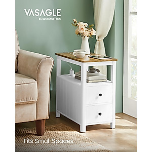 VASAGLE Side Table with Charging Station, Narrow Nightstand with 2 Drawers, Living Room End Table with Storage, for Small Spaces, Coastal Style, Rustic Walnut and Classic White ULET322T14