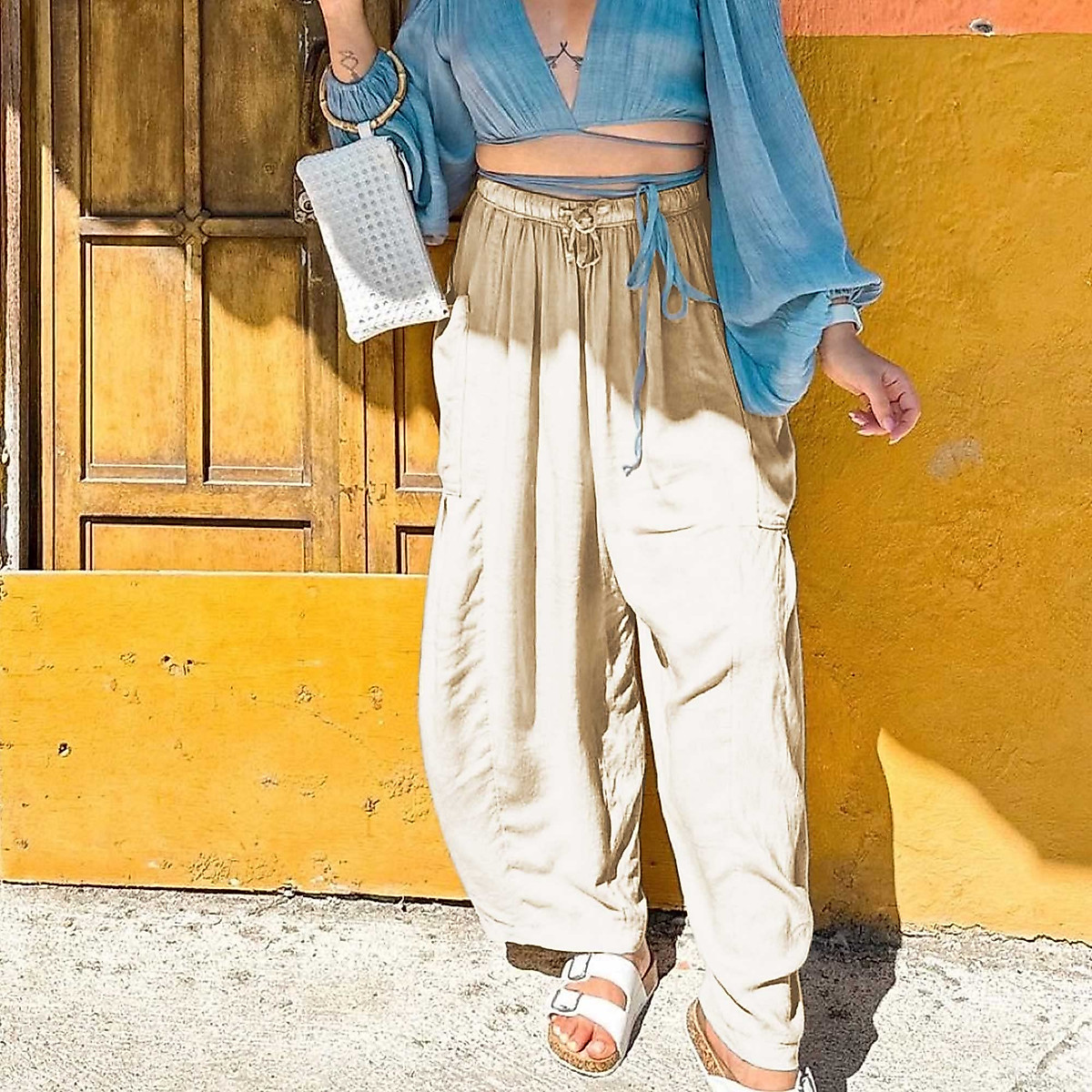 Hixiaohe Women's Casual Cotton Linen Lantern Pants Baggy Elastic Waist Drawstring Pleated Relax Fit Trousers with Pockets(Apricot,XL)